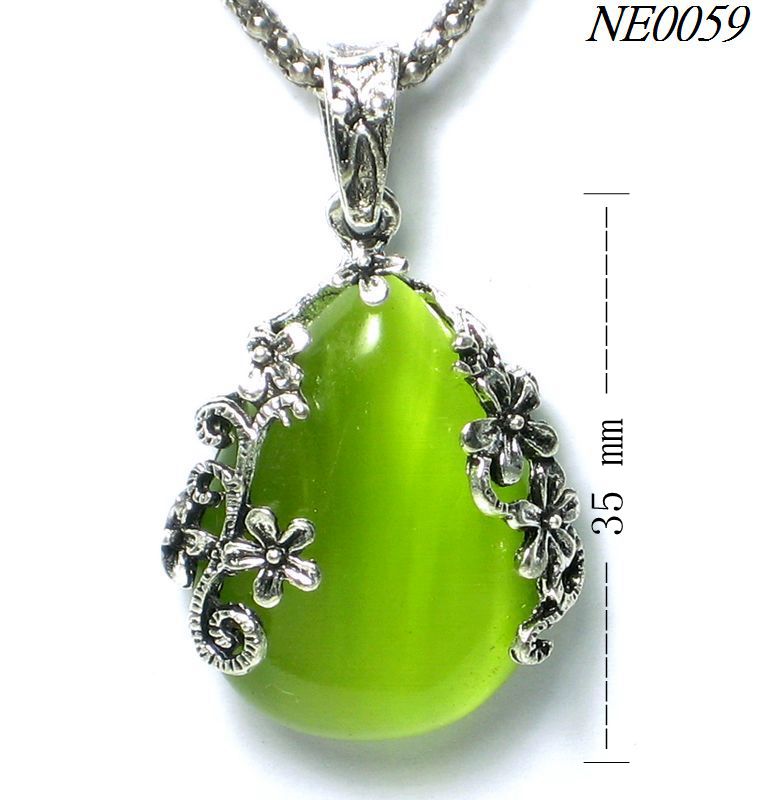 Bne0059 Antique Vintage Silver Plated Green Cat Eye Floral Pendant ...
